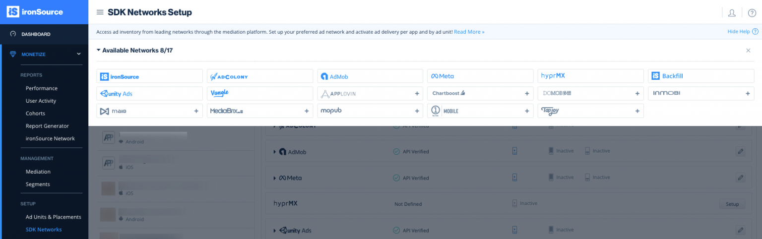 Mediation SDK Networks Setup - IronSource Knowledge Center