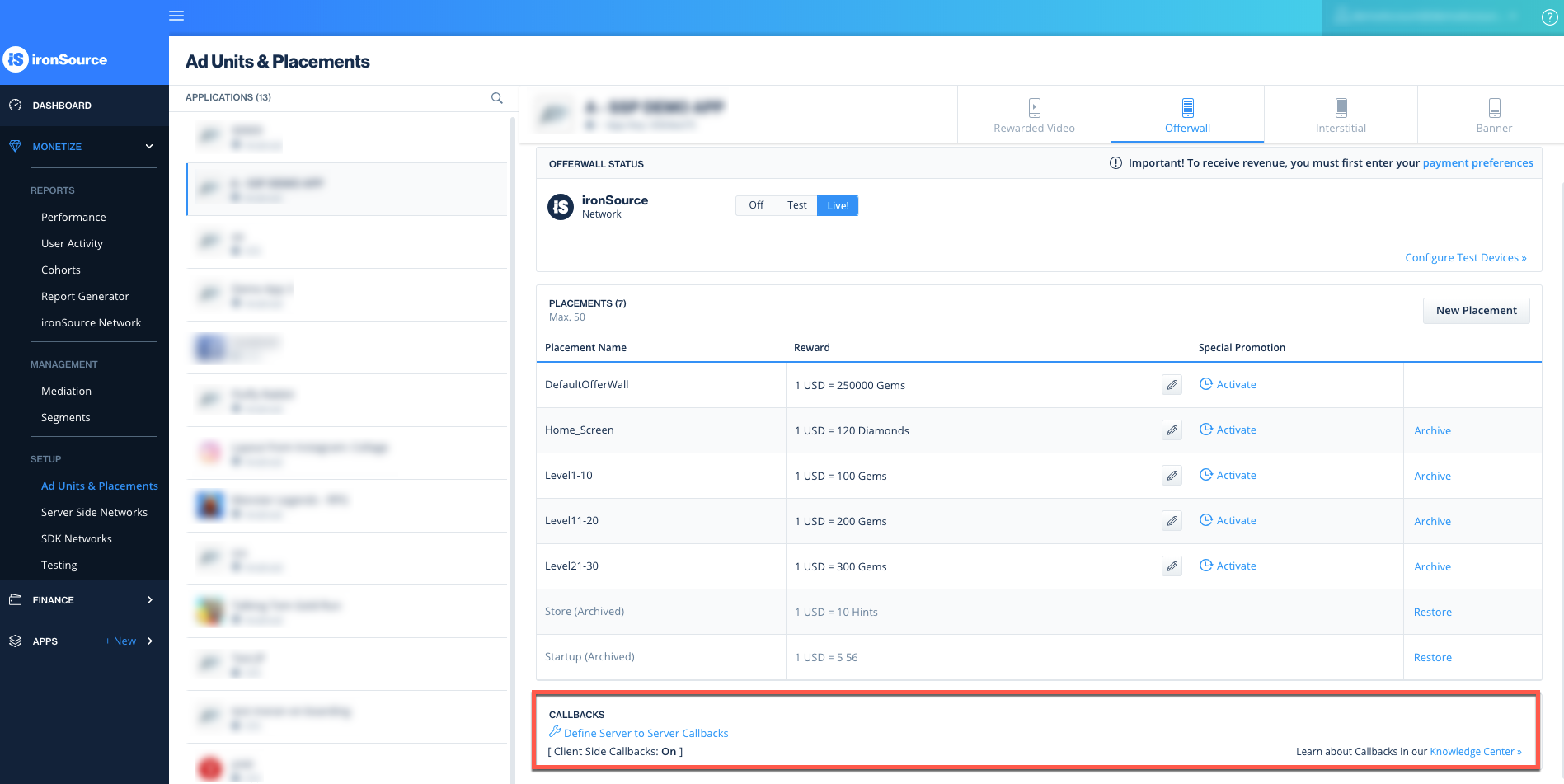 Set up the Offerwall - ironSource knowledge center