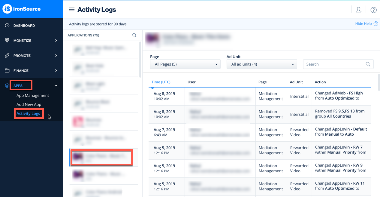 Activity logs - IronSource Knowledge Center