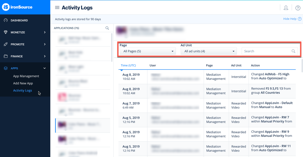 Activity logs - IronSource Knowledge Center