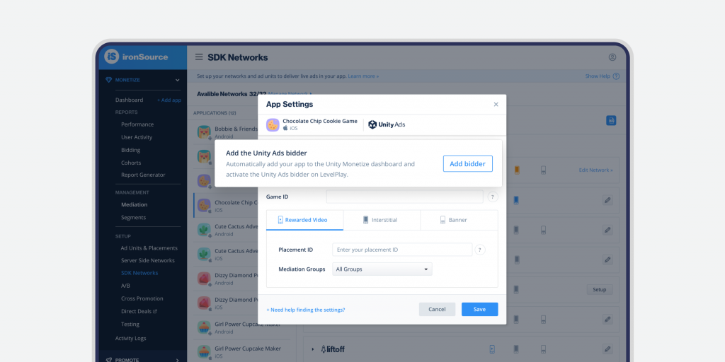Automate your setup with the Unity Ads bidder - IronSource Knowledge Center