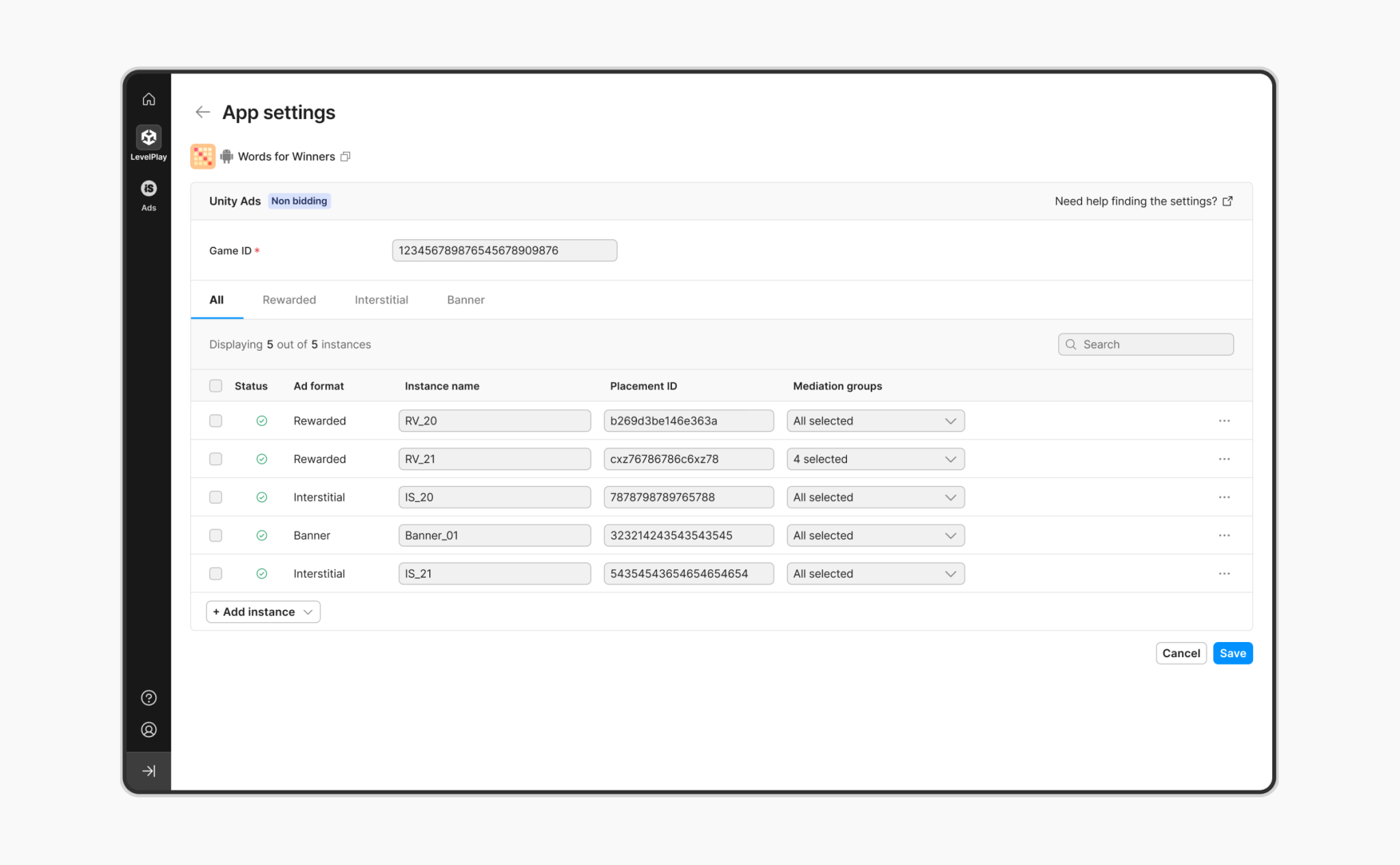 Instances setup - IronSource Knowledge Center
