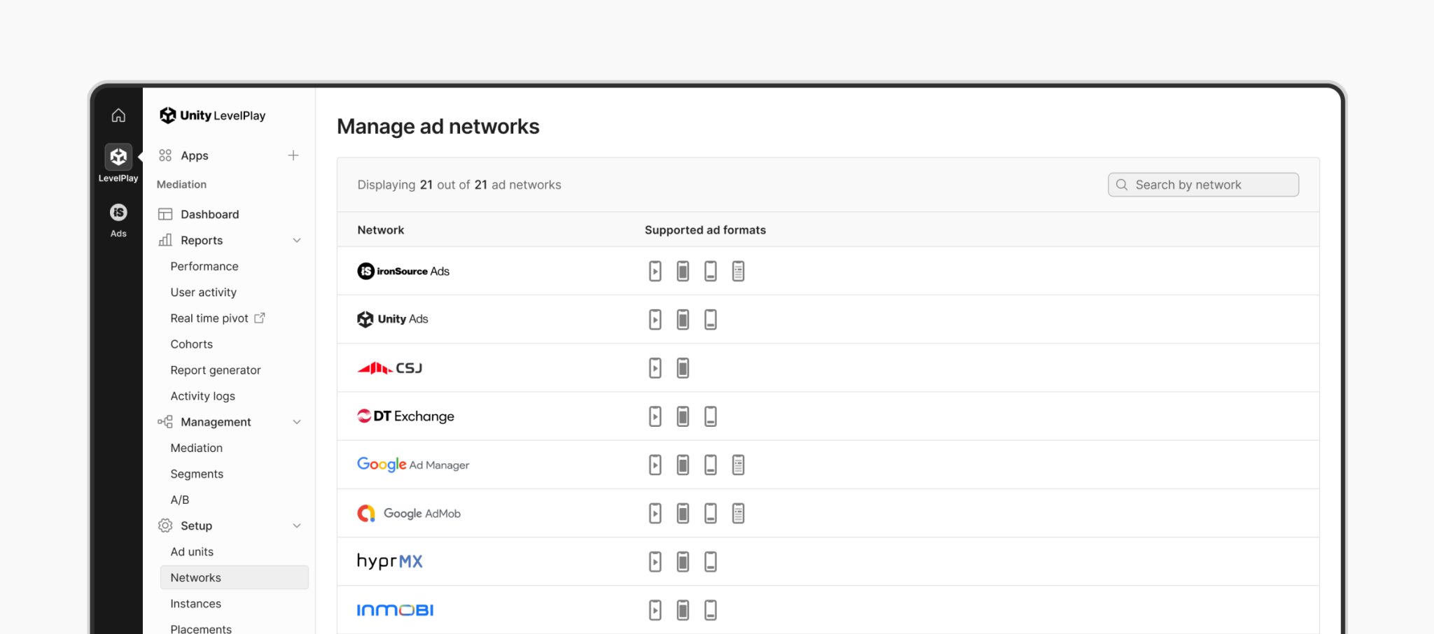 Mediation SDK networks setup - IronSource Knowledge Center